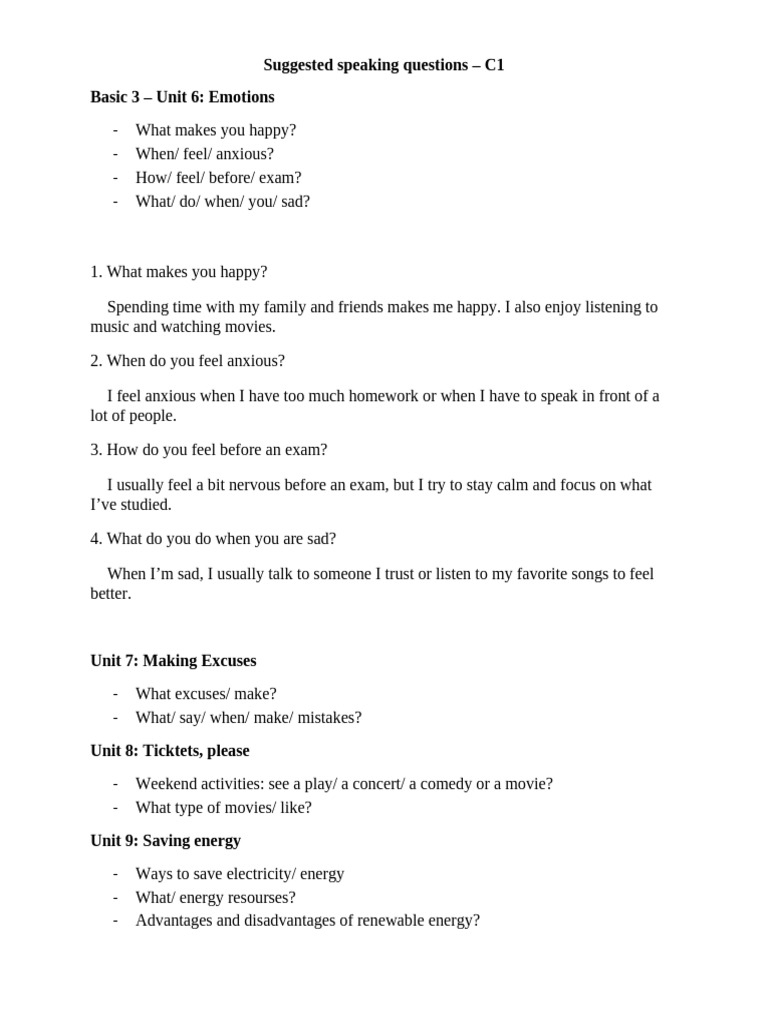 C1 Speaking Questions on Emotions and More | PDF