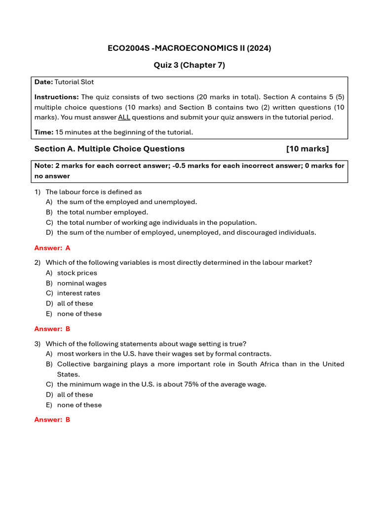 ECO2004S Quiz 3 Solutions | PDF | Labour Economics | Marginal Cost