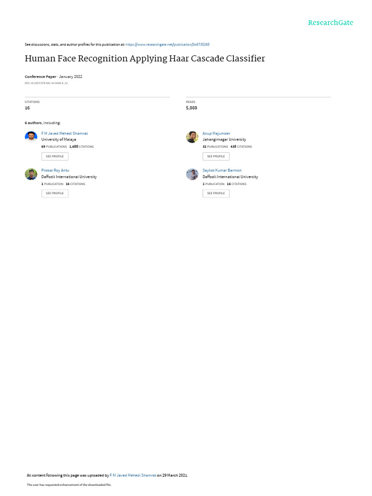 9 - Human Face Recognition Applying Haar Cascade Classifier | PDF | Wavelet | Matrix (Mathematics)