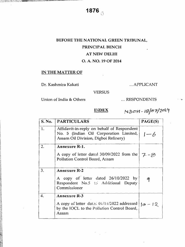 Affidavit by R-5 Ioc LTD, Assam Oil Division, Digboi Refinary in Oa No. 19 of 2014 Dr. Kashmira ...