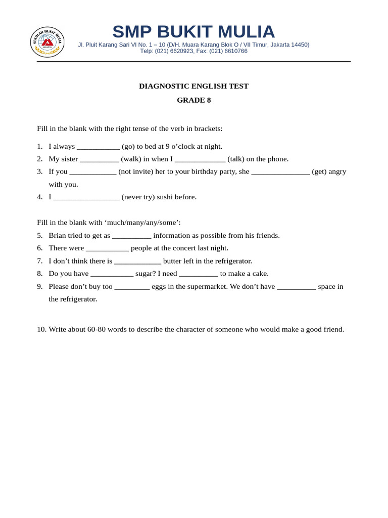 DIAGNOSTIC ENGLISH TEST Gr. 8 | PDF