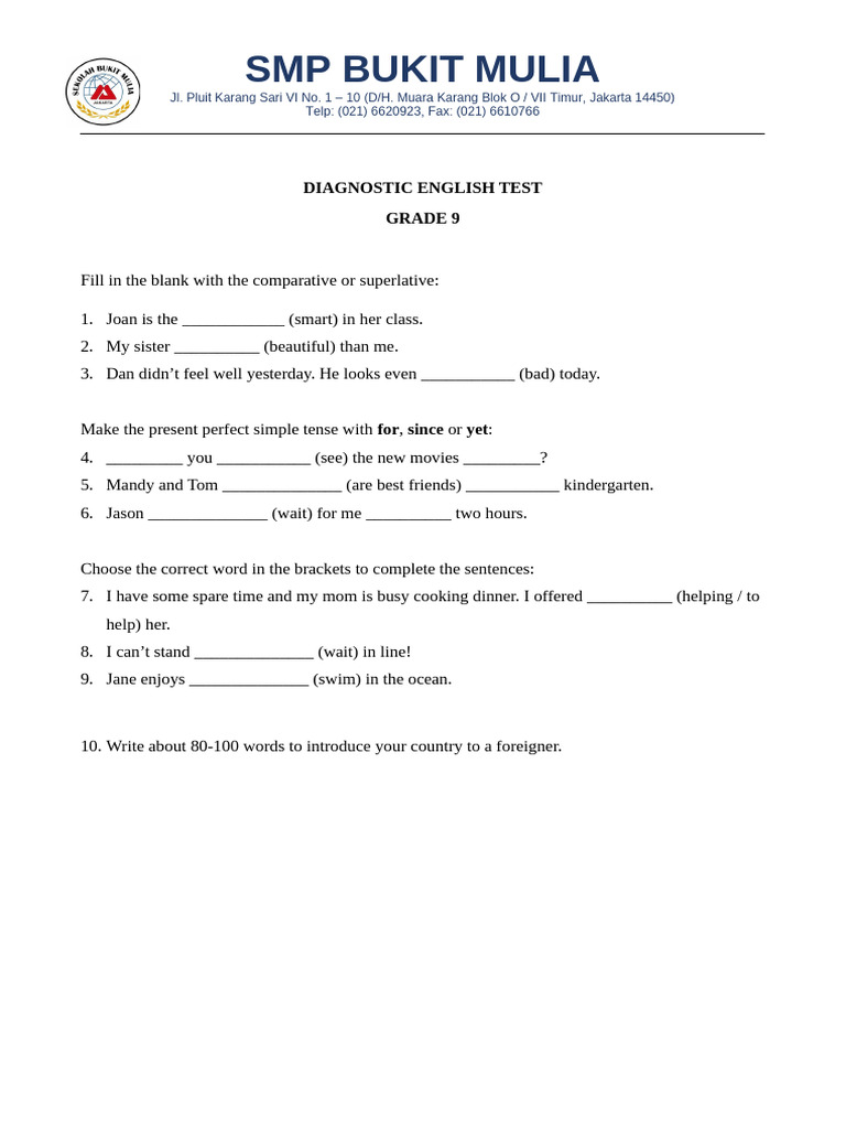 Diagnostic English Test for Grade 9 | PDF