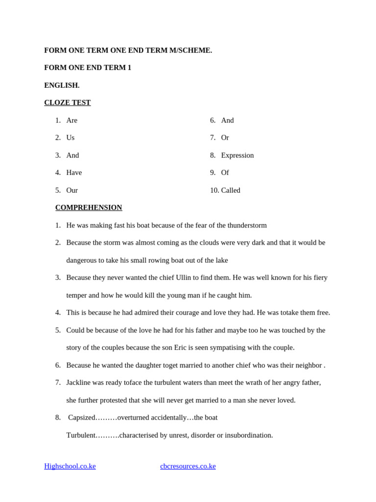 English Form 1 End Term MS | PDF