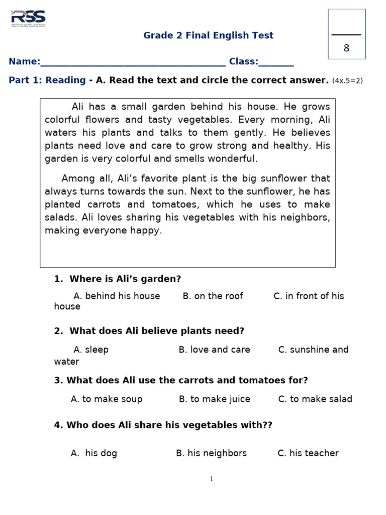 Grade 2 English Test with Answers | PDF | Grammar | Linguistics