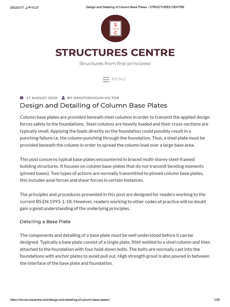 Column Base Plate Design Guide | PDF | Column | Bending
