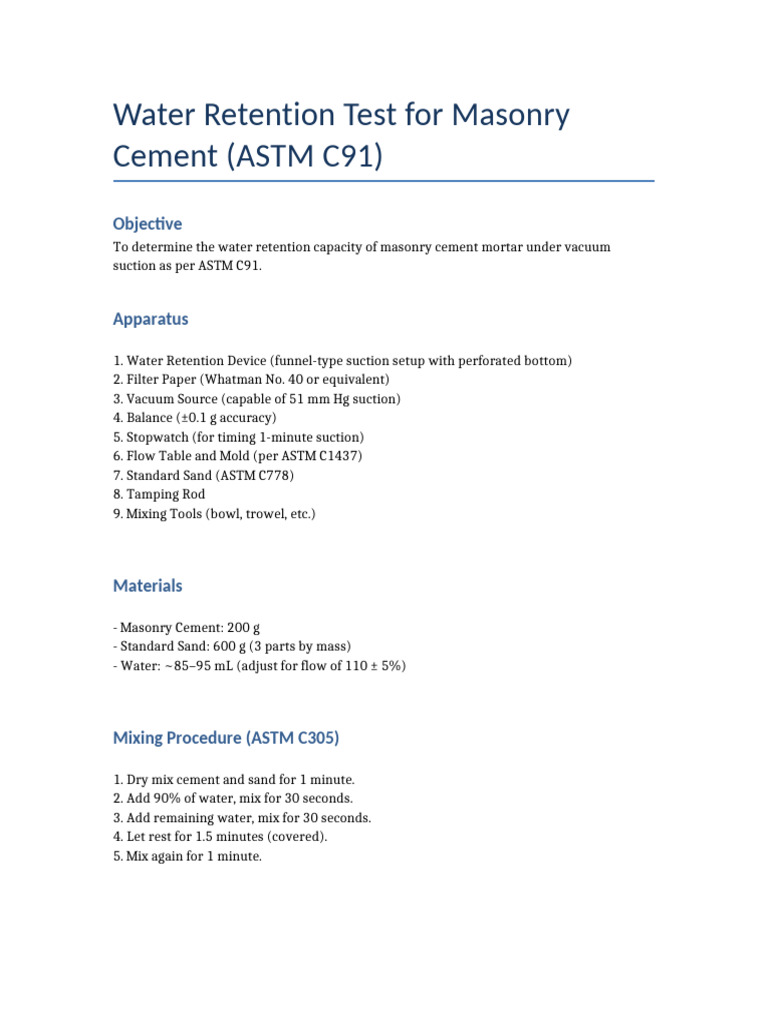 Water Retention Test for Masonry Cement | PDF