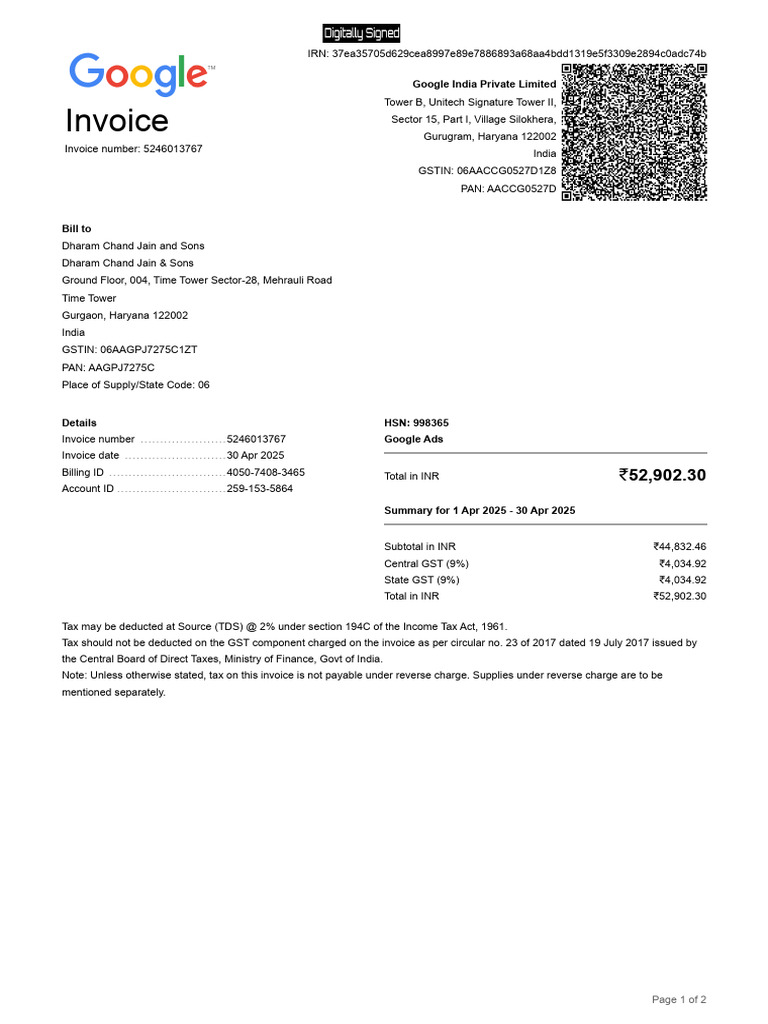 Google Ads Invoice April 2025 | PDF | Invoice | Taxation