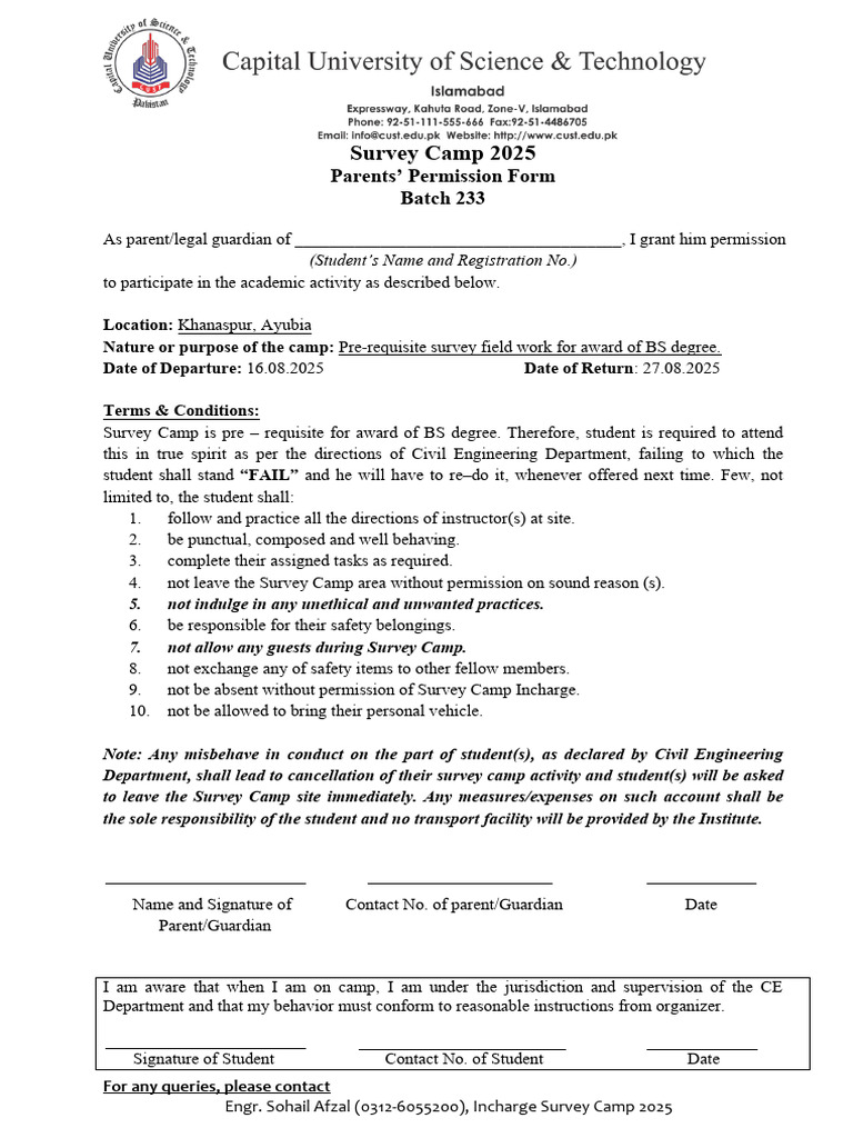 Permission Form Parents - Survey Camp-Batch 233 | PDF