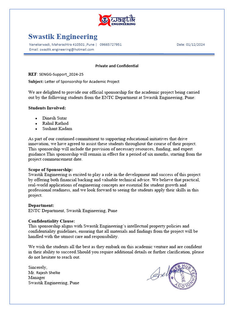 Sponcership Letter Swastik Engineering | PDF
