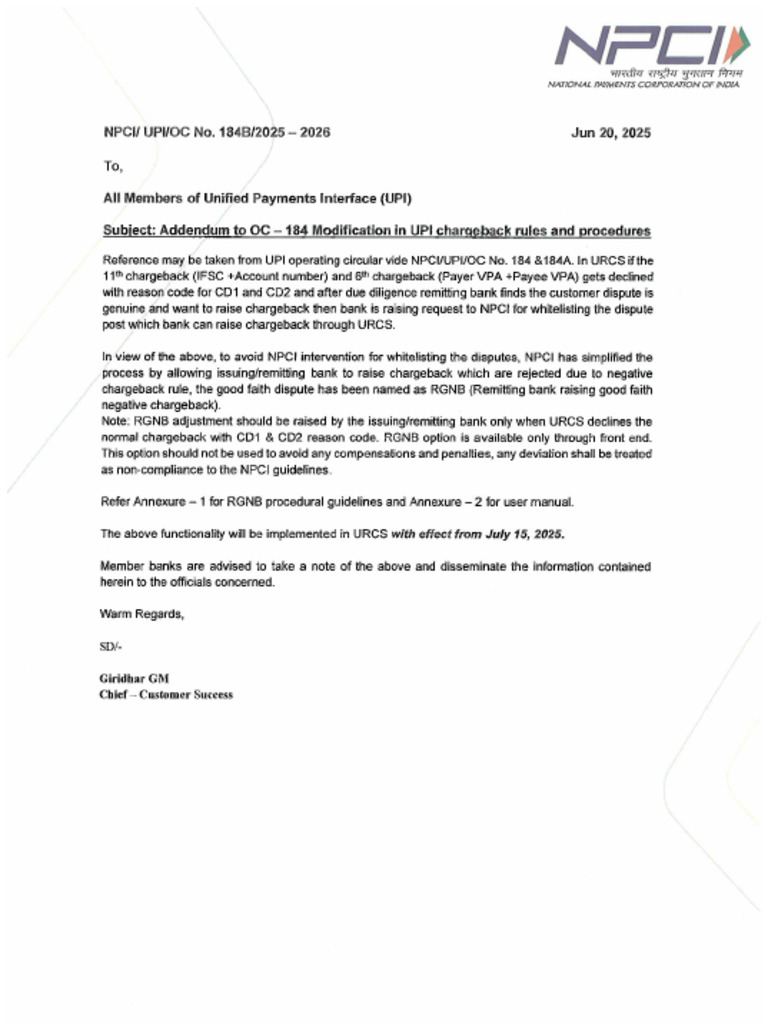 UPI OC No 184 B FY 2025 26 Addendum To OC 184 Modification in UPI ...