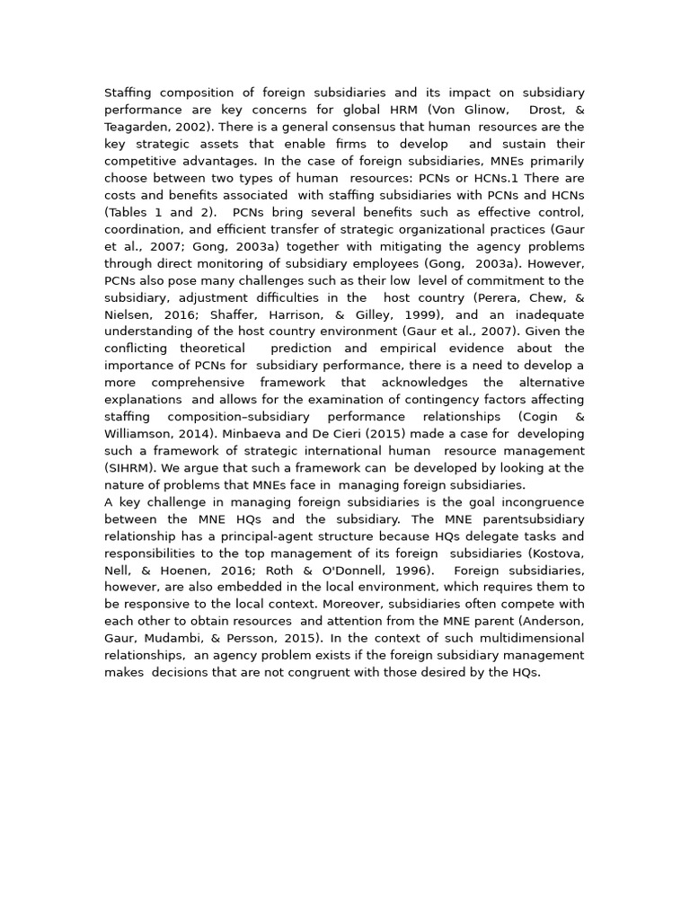 Subsidiary Staffing Composition and Performance | PDF | Human Resources ...