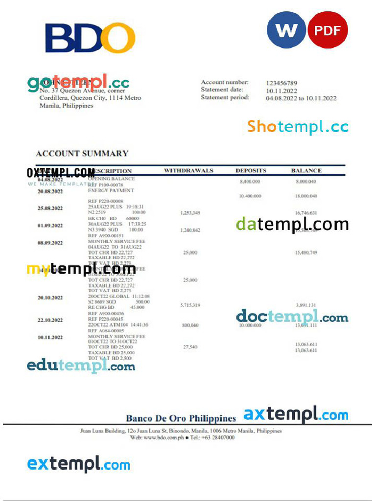 Doctempl - Philippines BDO Bank Statement Template in Word and PDF Format | PDF