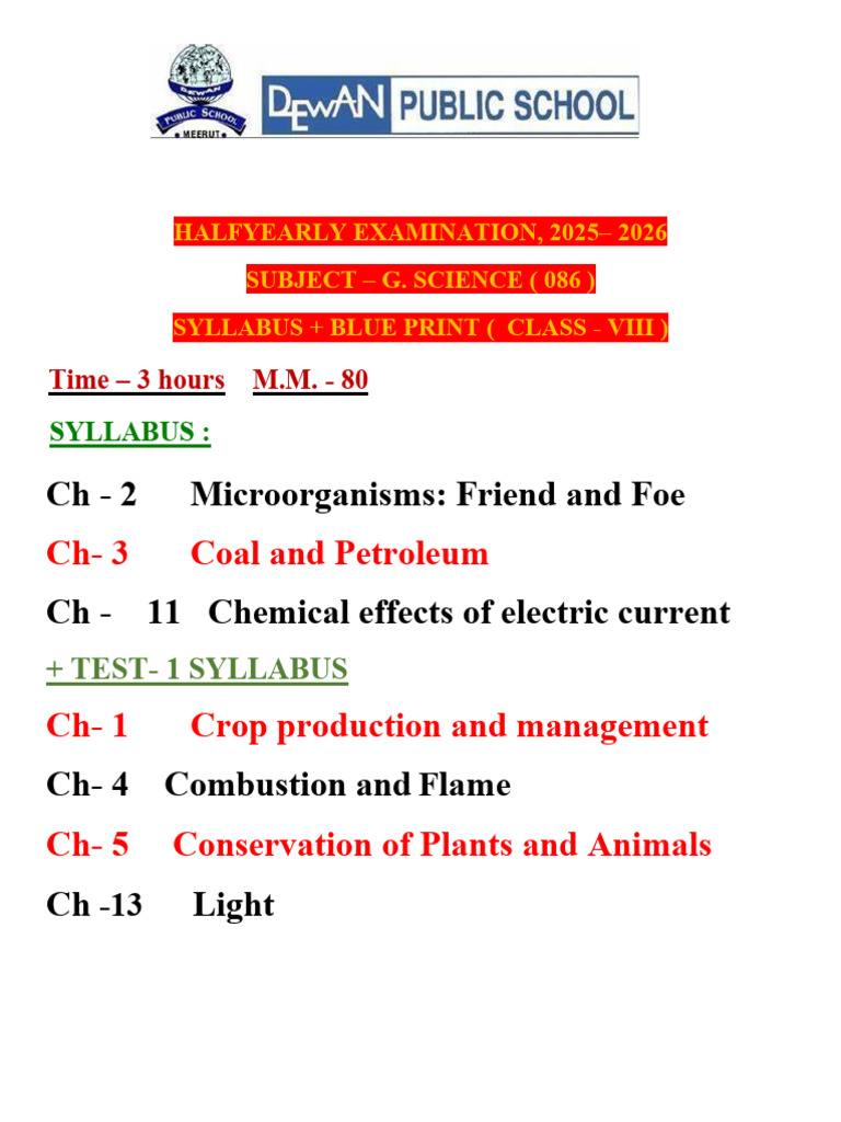 Science Syllabus and Blueprint Half Yearly | PDF