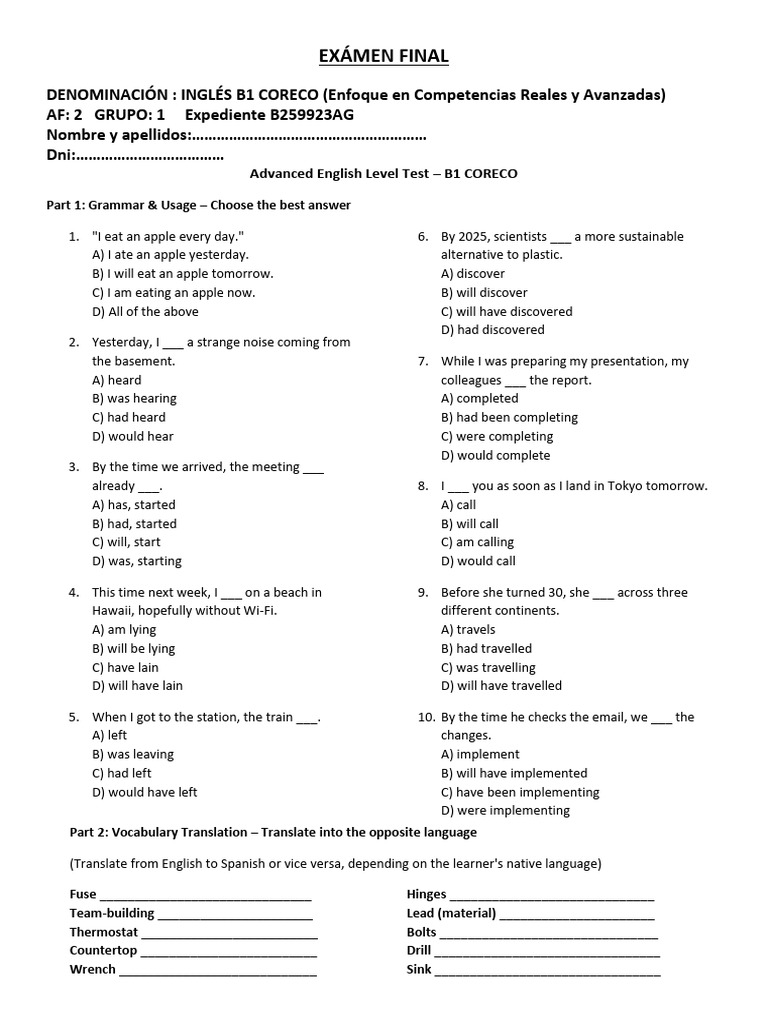 Advanced English Level Test B1 CORECO | PDF | Human Communication