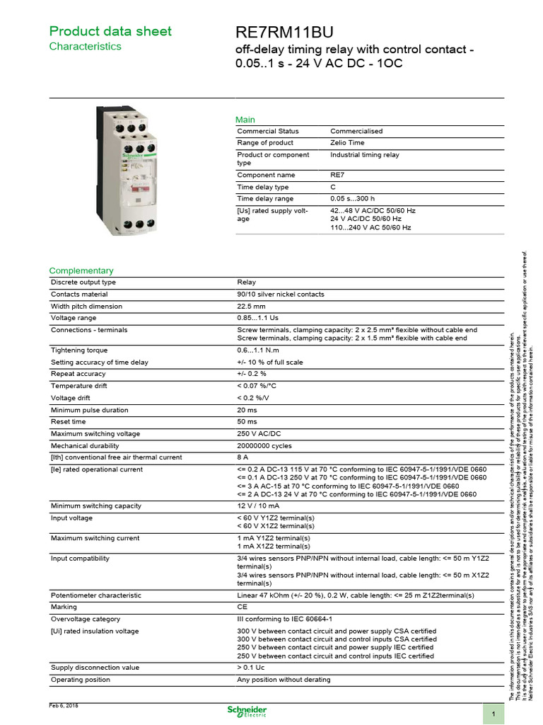 Product Data Sheet RE7RM11BU | PDF | Alternating Current | Relay