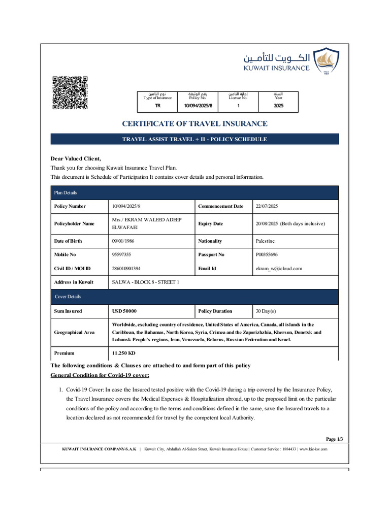 Kuwait Travel Insurance Policy Schedule | PDF | Insurance | Liability ...