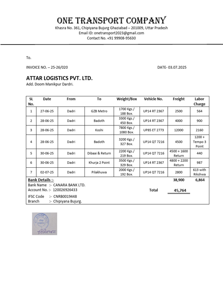 Truck Transport Invoice Summary | PDF
