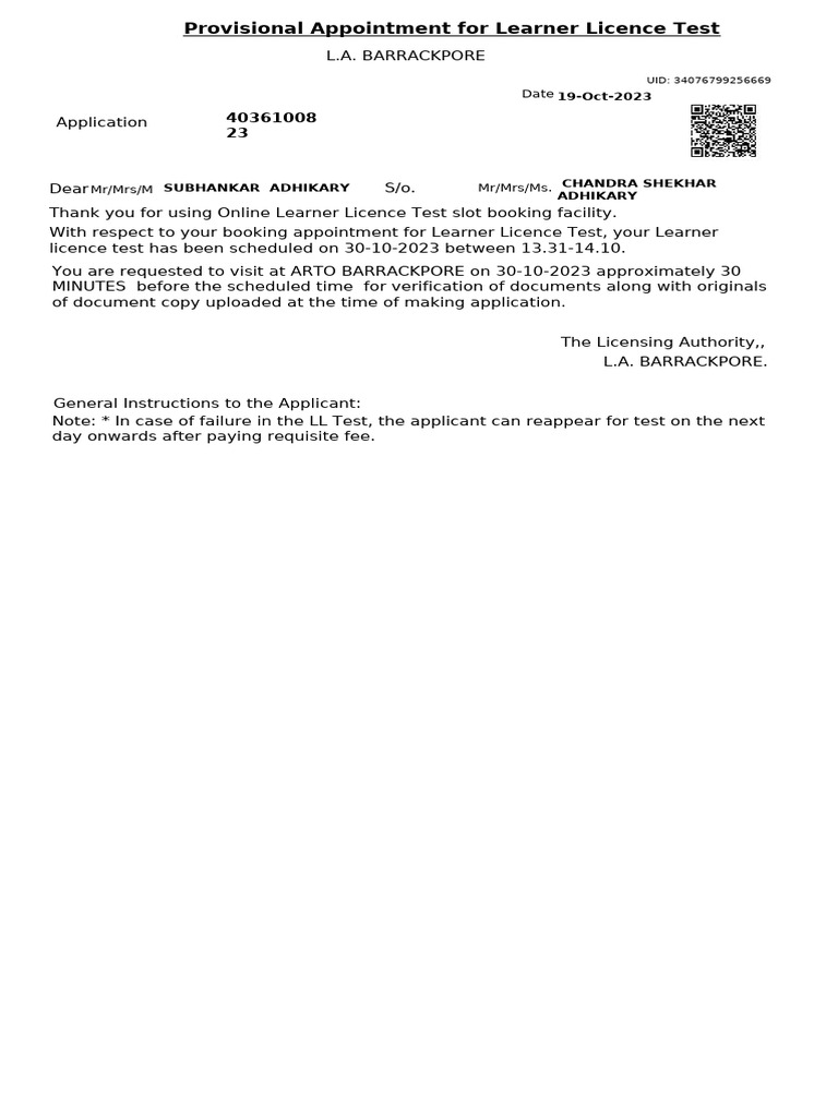 Learner License Slot Booking 4036100823 | PDF