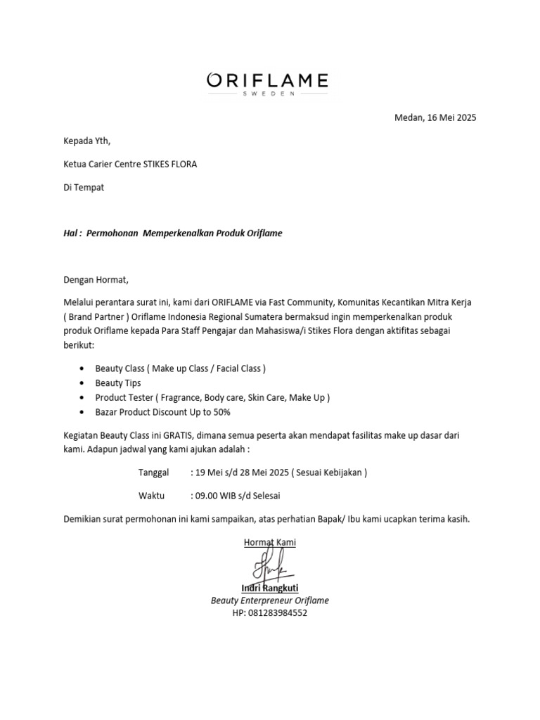 Surat Permohonan Oriflame - STIKES FLORA | PDF