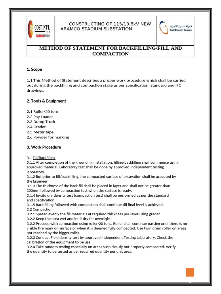 Method of Statement For Backfilling & Compaction | PDF