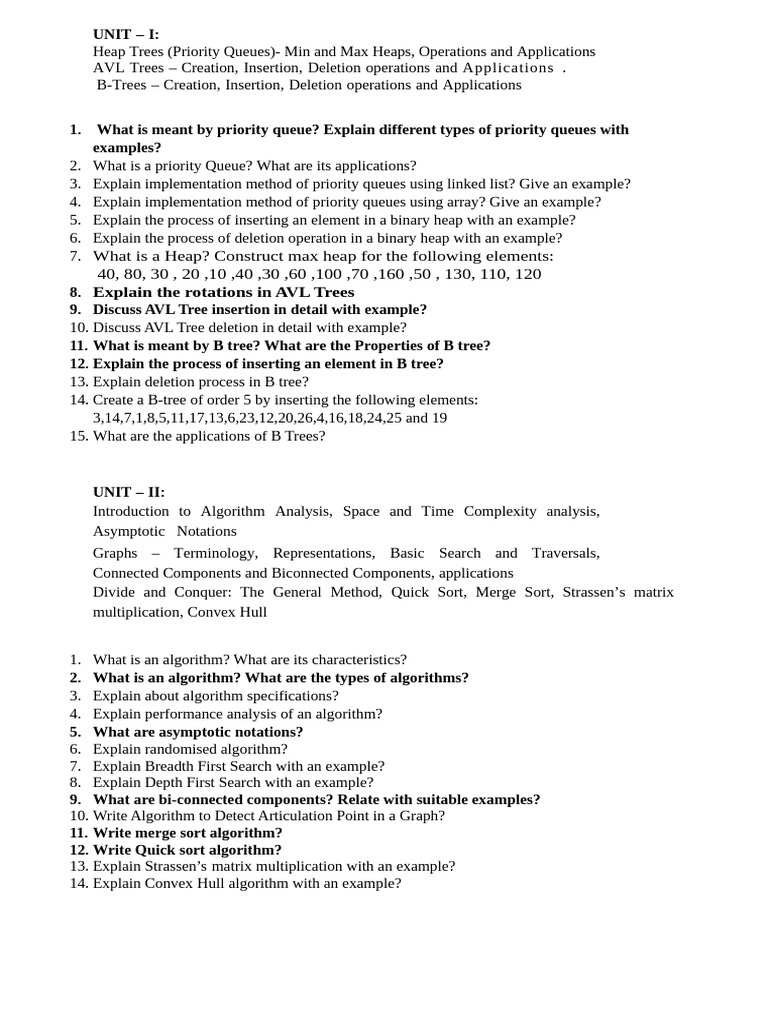 Adsaa - Unit Wise Imp Questions | PDF | Dynamic Programming | Algorithms And Data Structures