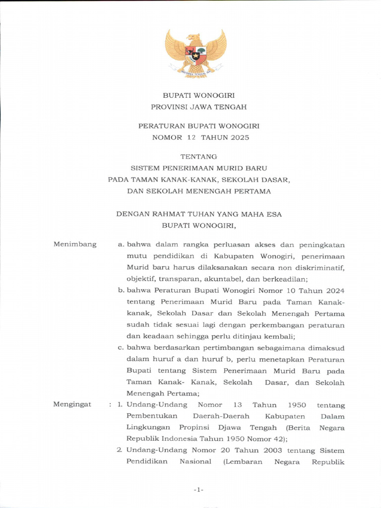 Perbup TTG SPMB TK, SD Dan SMP Th. 2025 | PDF