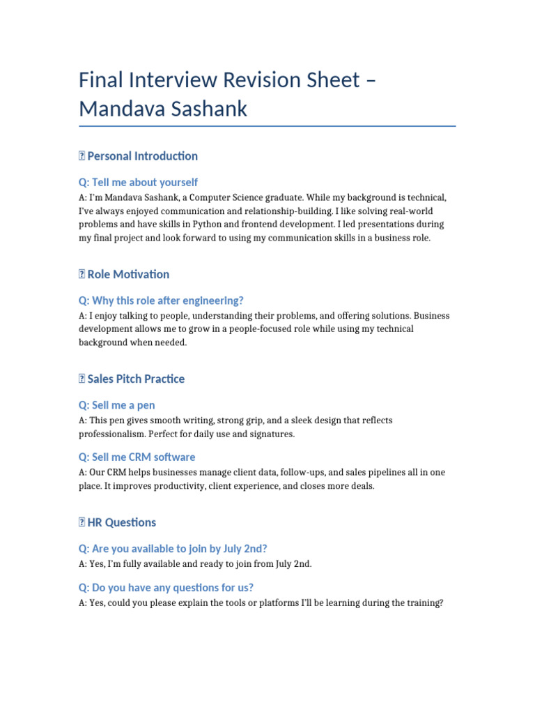 Hire3x Interview Revision Sheet Sashank | PDF