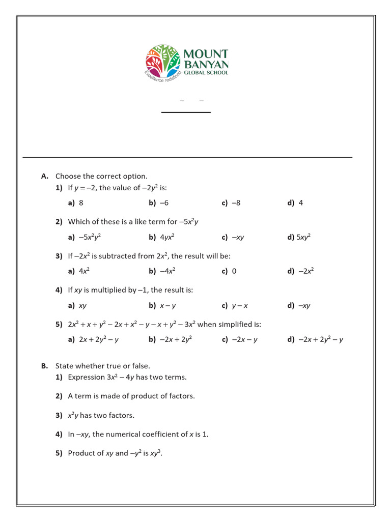 Grade 7 Algebra Worksheet | PDF