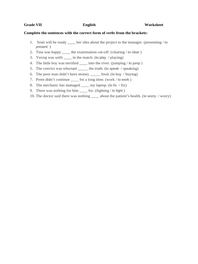Grade VII English Verb Forms Worksheet | PDF
