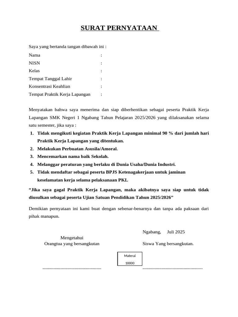 Surat Pernyataan Siswa | PDF