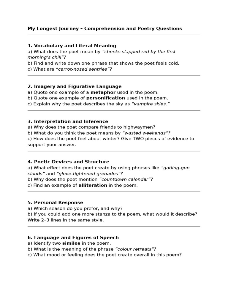 My Longest Journey: Poetry Analysis Questions | PDF