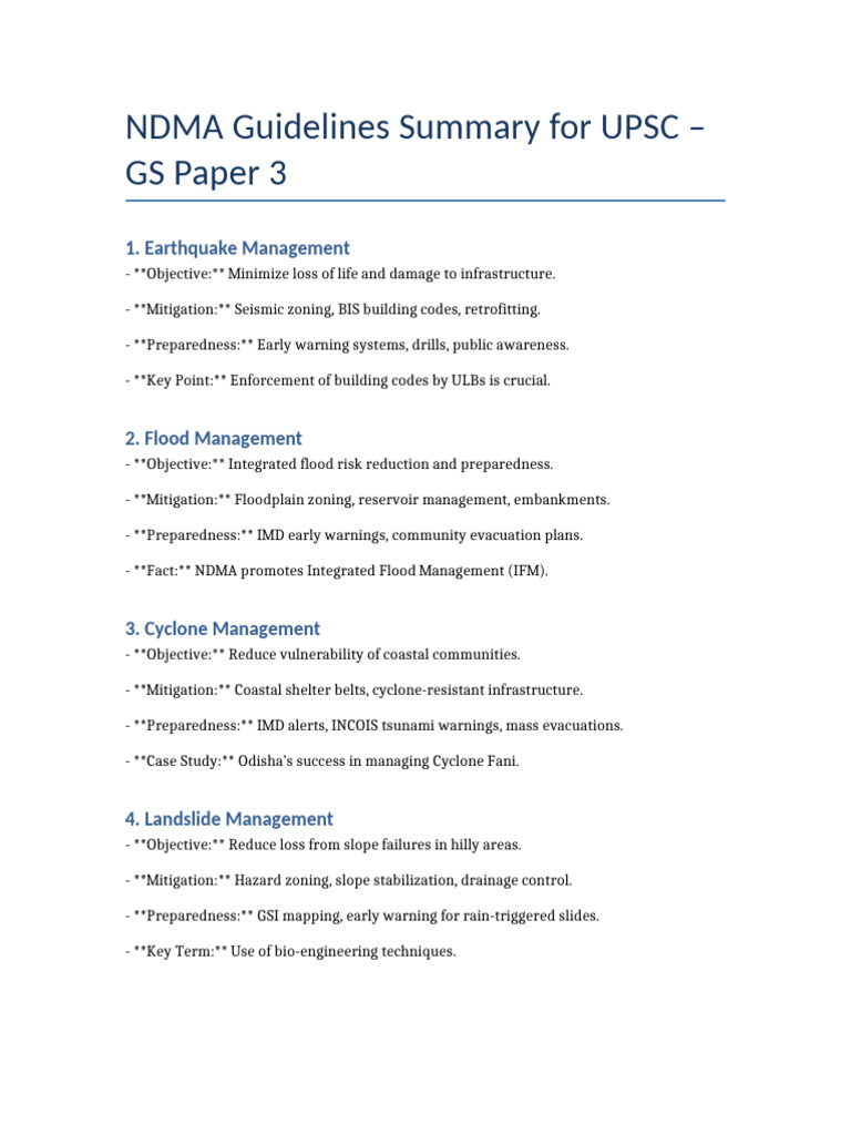 NDMA Guidelines UPSC Summary | PDF | Emergency Management | Flood