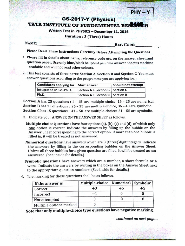 TIFR - Physics PHD Entrance and Integrated MSC+ PHD - 2017 - Question ...