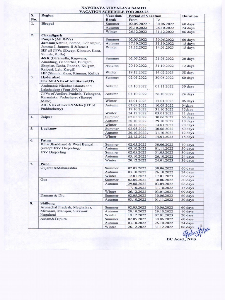 Vacation Schedule 2022-23 | PDF