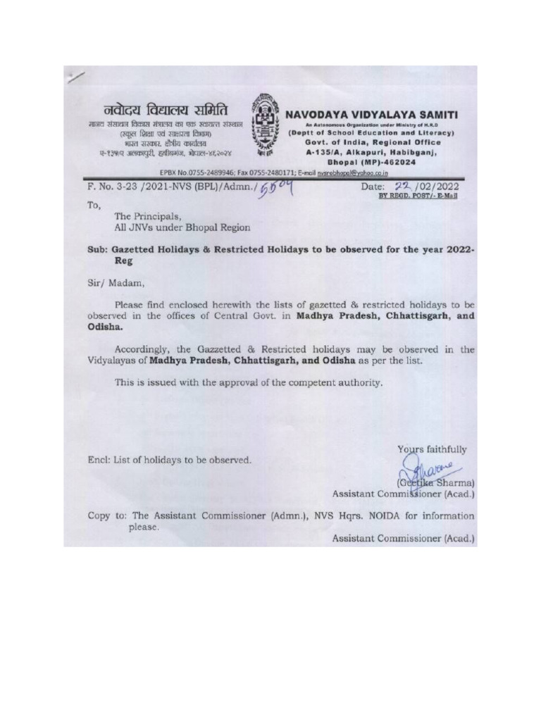 Gaztted Holidays & Restricted Holidays List 2022 | PDF