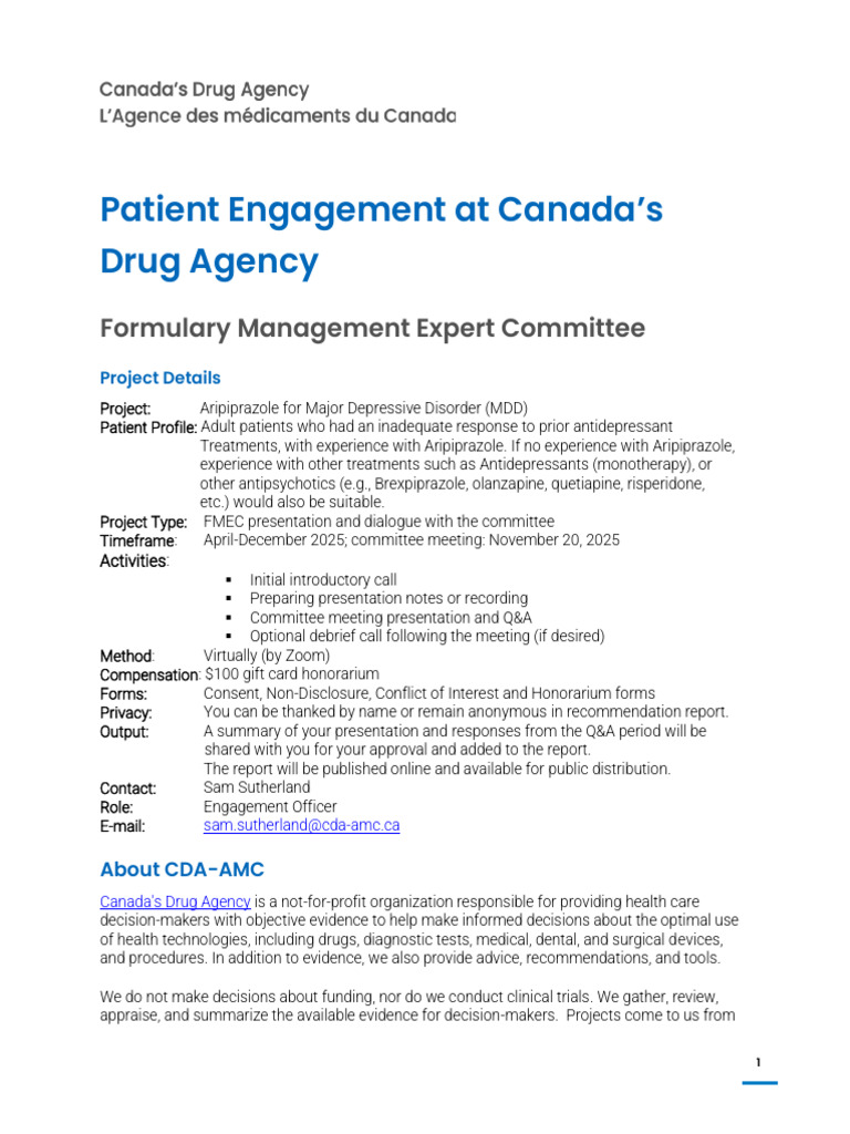 CDA-AMC - FMEC Engagement Reimbursement Review - MDD | PDF | Health Sciences | Pharmaceutical ...