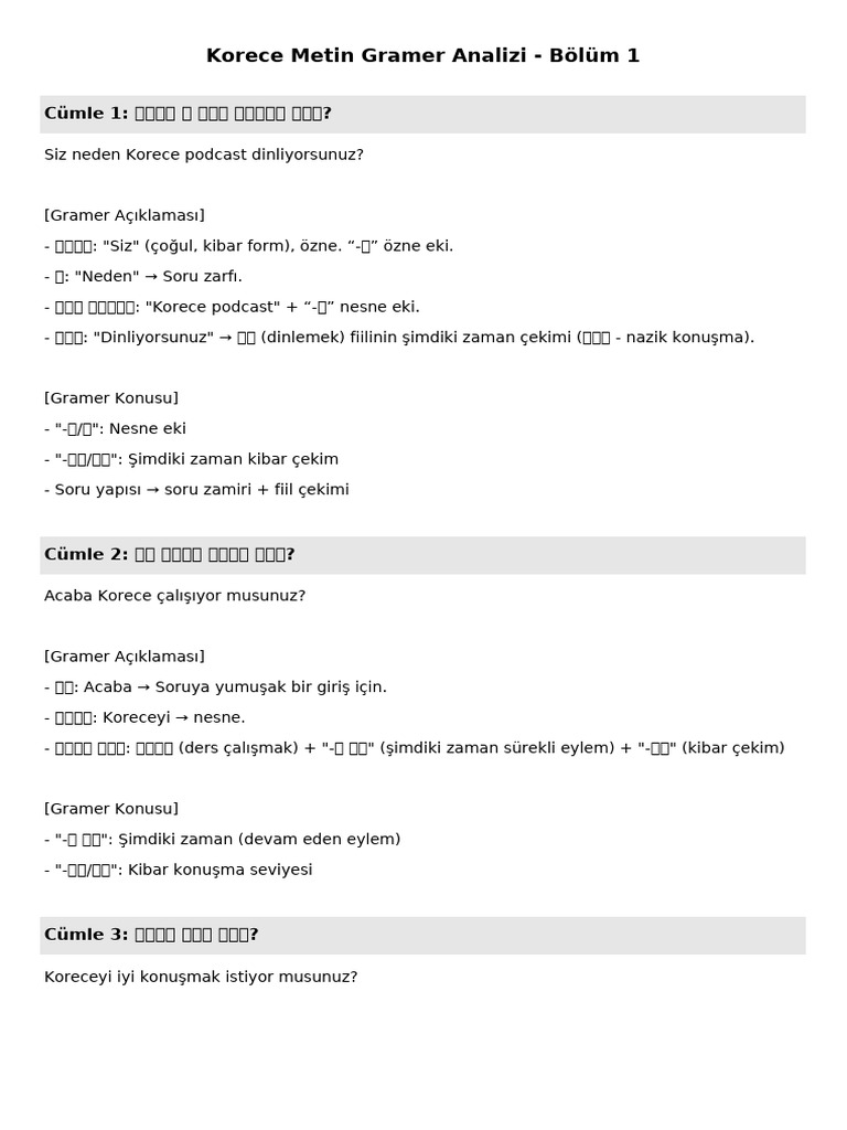 Korece Gramer Analizi Bolum1 | PDF
