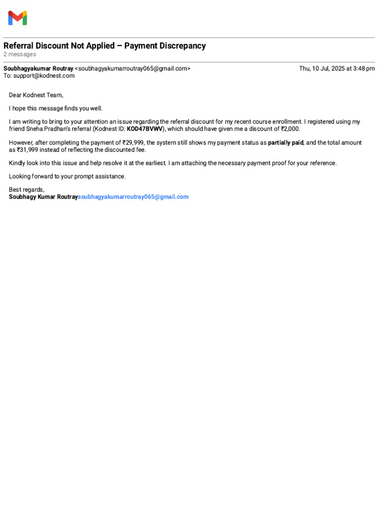 Gmail - Referral Discount Not Applied - Payment Discrepancy | PDF