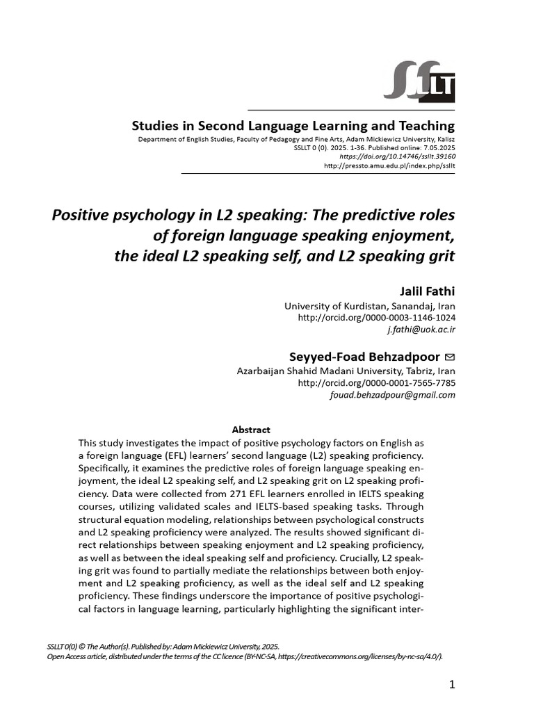 Positive Psychology in l2 Speaking The Predictive Roles of Foreign ...