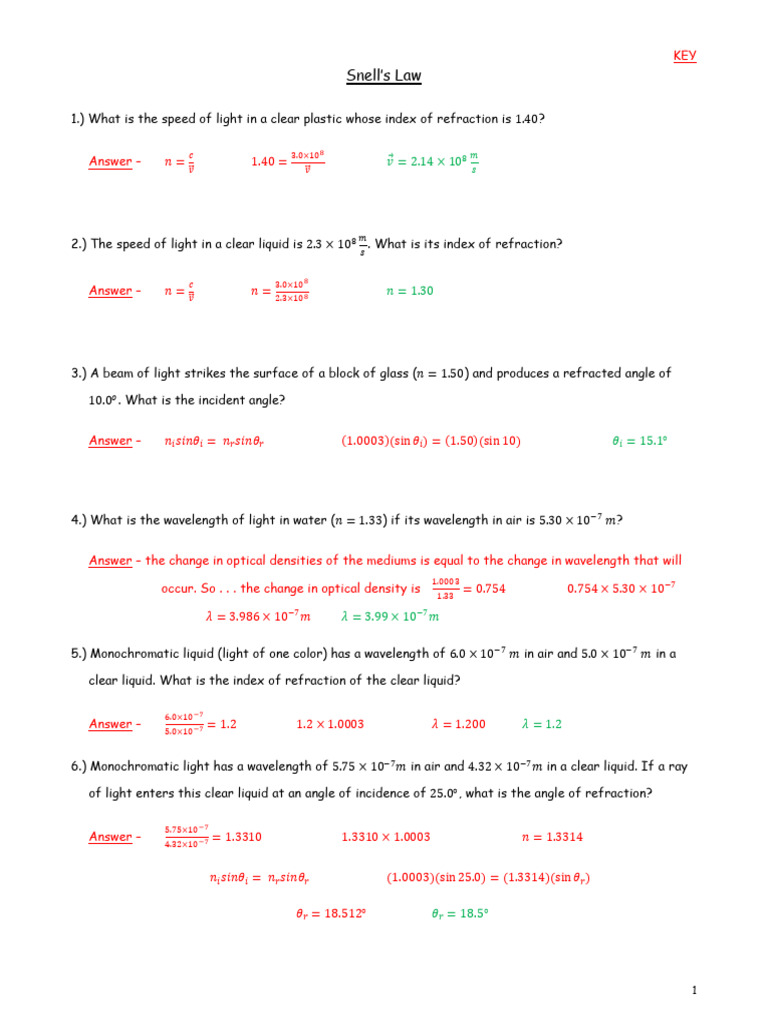 Worksheet - Opt - Snells - Answers | PDF | Refraction | Refractive Index