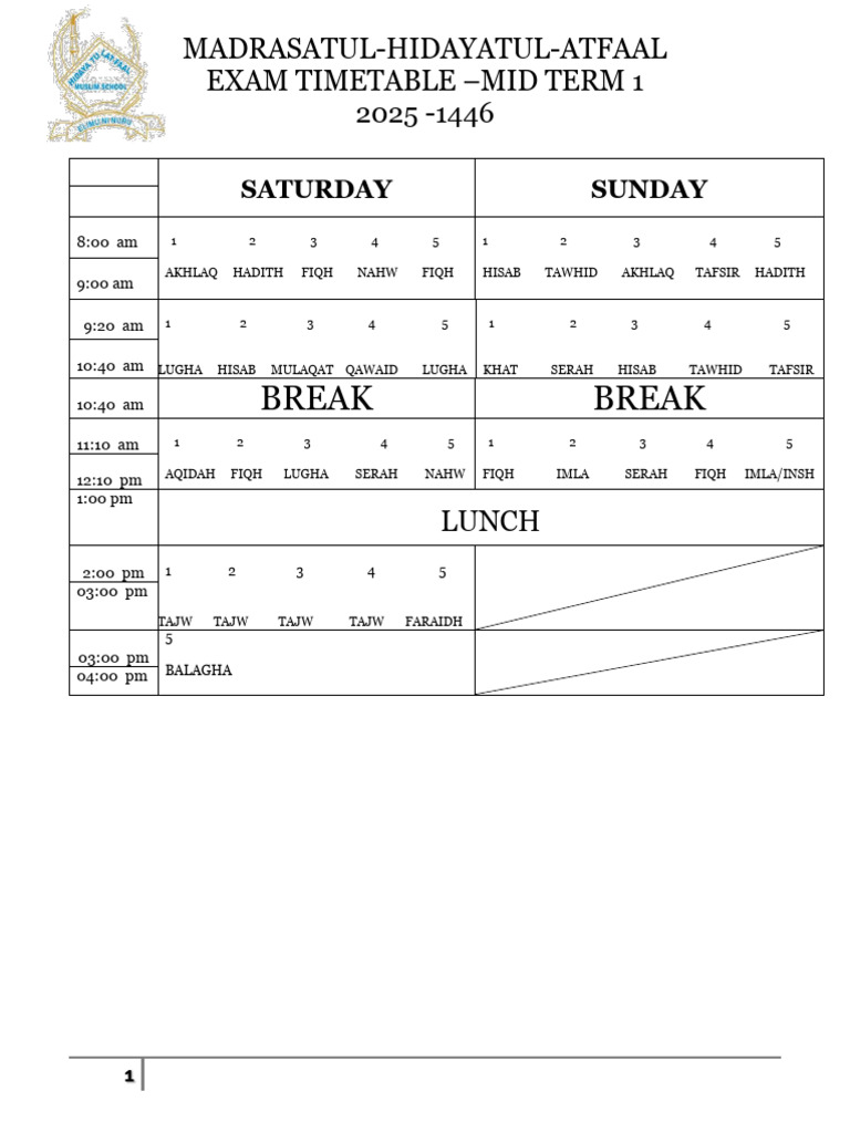 Ibtidaa Mid-Term Exam Timetable When School Opened-2222222 | PDF