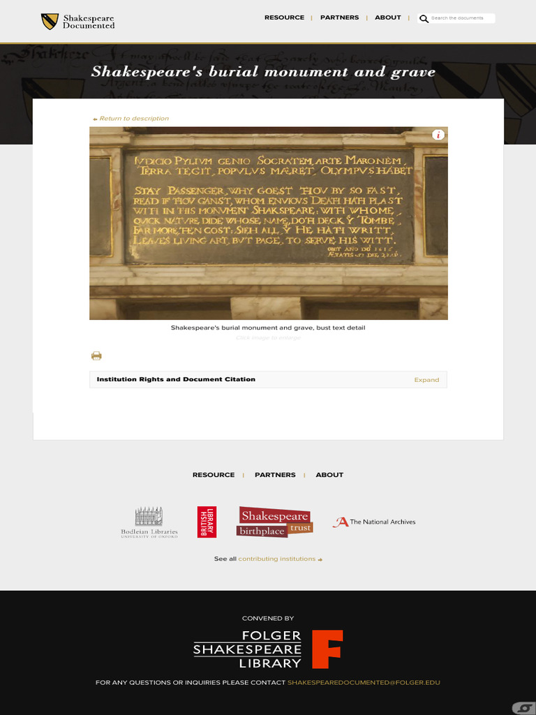 Shakespeare's Burial Monument and Grave, Bust Text Detail Shakespeare ...