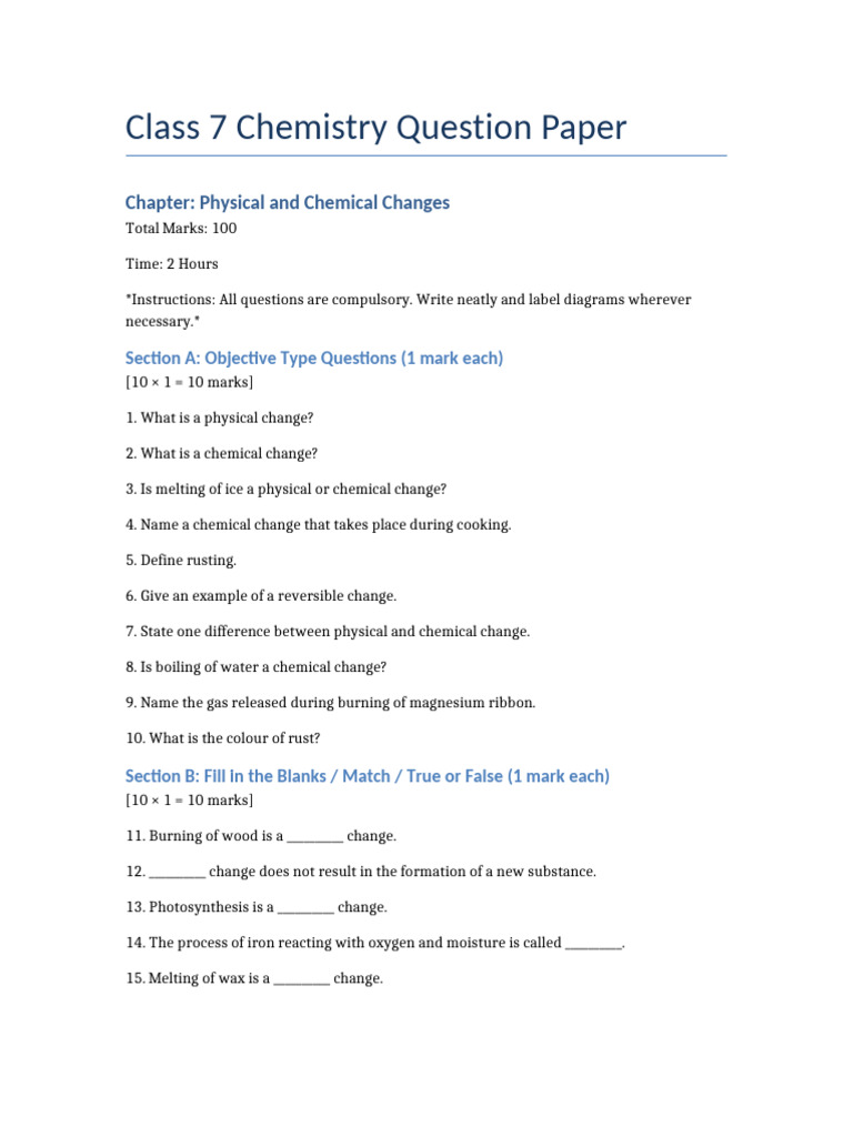 Class 7 Test on Physical & Chemical Changes | PDF | Chemical Reactions ...