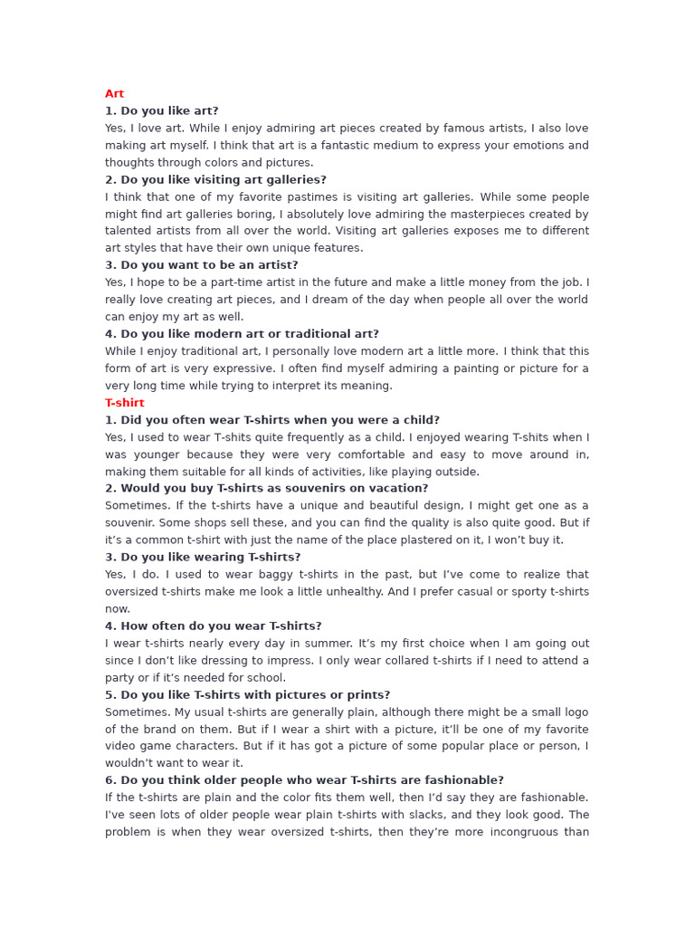 Speaking Part 1 | PDF | T Shirt | Clothing