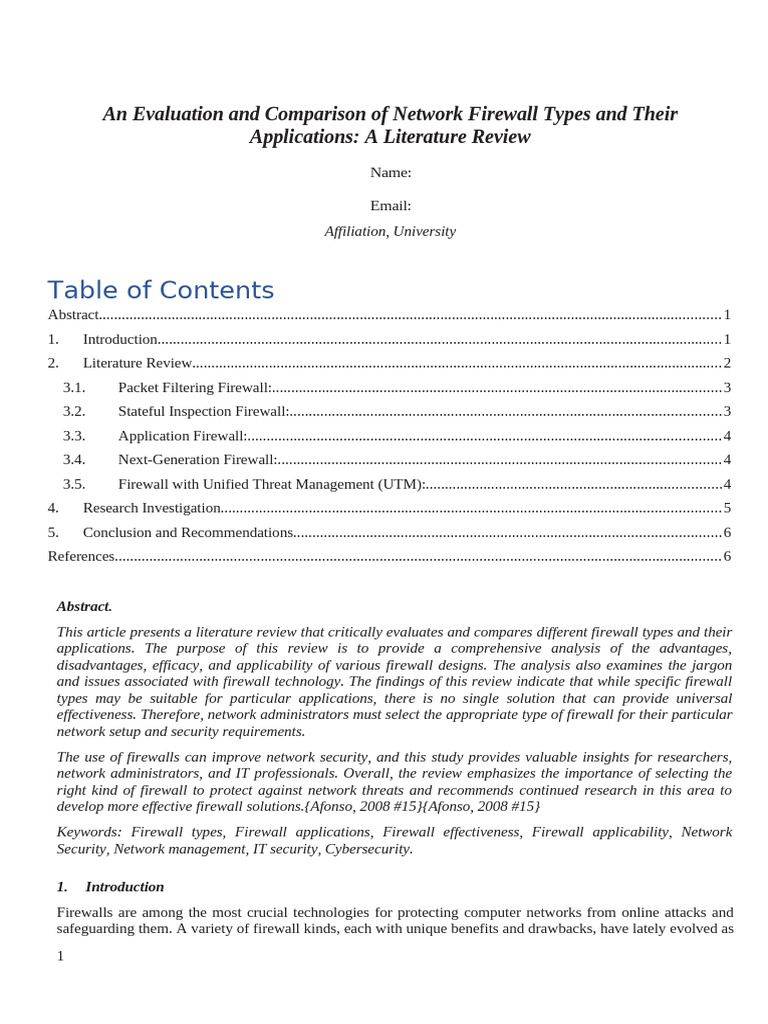 An Evaluation And Comparison Of Network Firewall Types And Their