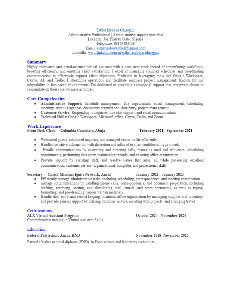 Esther Izeboya Olusegun Modified Resume | PDF | Project Management ...