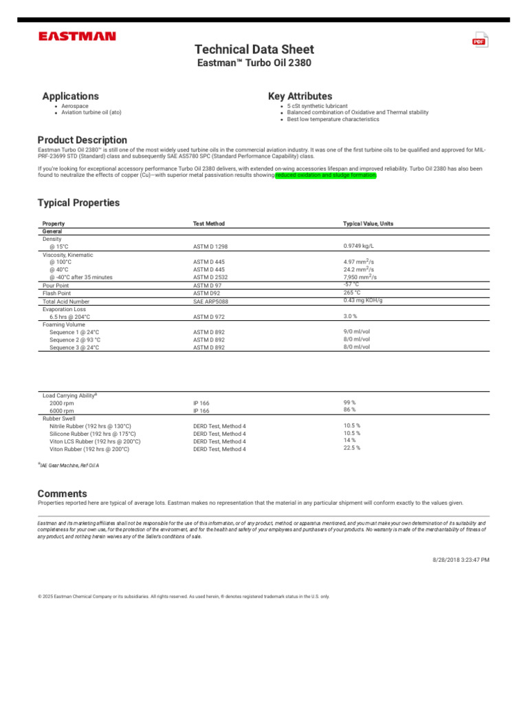 Eastman Turbo Oil 2380 Technical Data | PDF | Motor Oil | Chemical ...