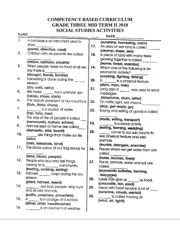 Social Studies Activities CBC Grade 3 Mid Term 3 Exam 2018 | PDF