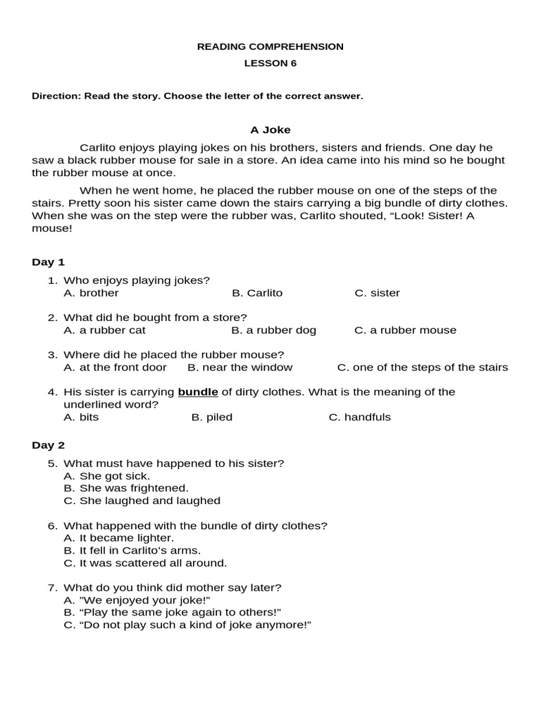 Carlito's Joke: Reading Comprehension Quiz | PDF