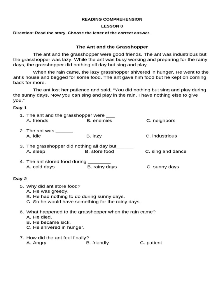 Reading Comprehension Lesson 8 | PDF